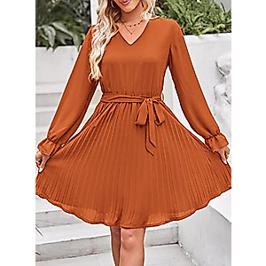 PRETTYGARDEN Women's Casual Spring Fall Dresses Long Puff Sleeve V Neck Pleated Ruffle Flowy Belted Dress (Brick Red,Medium)