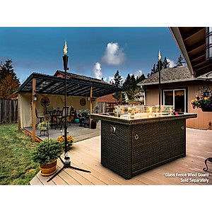 Outland Living Series 403 Brown 44-Inch Outdoor Propane Gas Fire Pit Table, Black Tempered Tabletop w/Arctic Ice Glass Rocks and Resin Wicker Panels (Espresso Brown/2-Pack 20 LB Tonga Torch)