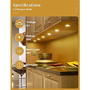 DORESshop Halogen Light Bulbs, 10 Pack G4 Bulb, Halogen Light Bulbs 2 Pin 12V 20W T3 Bi-Pin G4 Base Long Lifetime Dimmable 3000K Halogen Bulbs for Under Cabinet Puck Light, Chandeliers