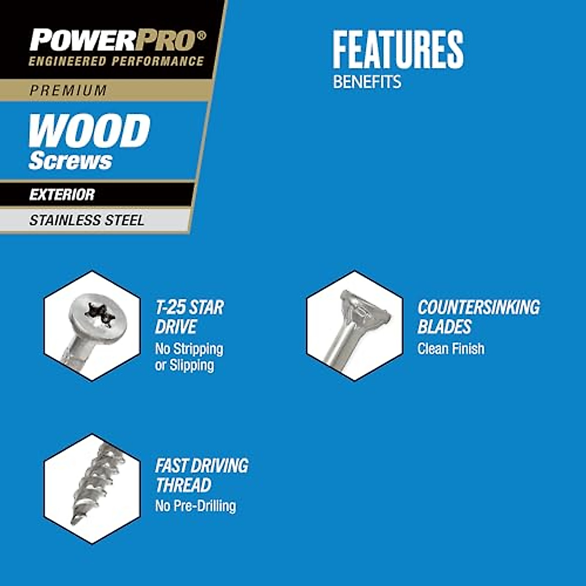 Power Pro Premium 305 Stainless Steel Wood Screws (#8 x 1-3/4") - 1lb Box