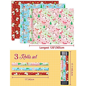 WERNNSAI Christmas Wrapping Paper - 3 Rolls 17” x 120” Christmas Unicorn Wrapping Paper Rolls Christmas Gift Wrap Paper Girls Birthday Wrapping Paper Holiday Wrapping Paper Unicorn Gift Wrap Paper