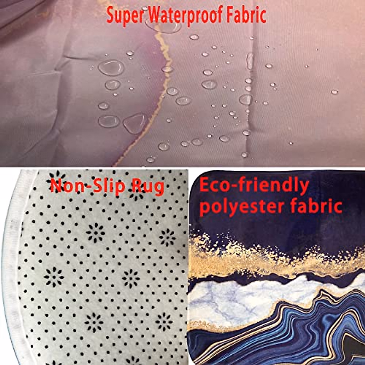 HOMAEUPIN 4 PCS Gold Marble Shower Curtain Sets with Non-Slip Rugs, Toilet Lid Cover, Bath U-Shaped Mat, Luxury Modern Marble Bathroom Sets with Rugs and 12 Hooks Accessories,Gold Dark Blue