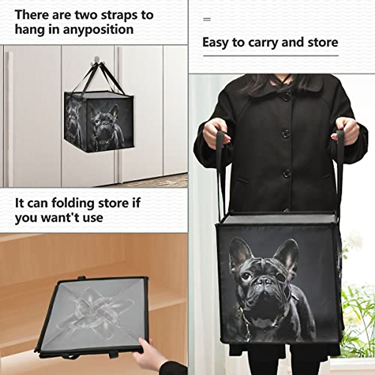 ALAZA Collapsible Storage Basket - Black French Bulldog Rotary Folding Storage Basket Container Organizer Bags - Large Clothes Hamper Tote with Carry Handles(229ya1e)