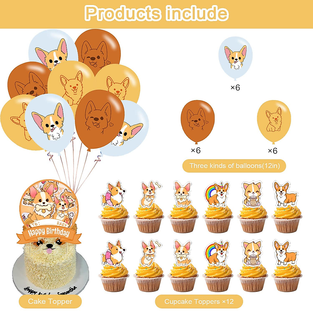 Corgi Party Decorations,Birthday Party Supplies For Corgi Dog Party Supplies Includes Banner - Cake Topper - 12 Cupcake Toppers - 18 Balloons -3 Corgi Foils Ballons