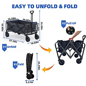 Collapsible Wagon Folding Cart, Foldable Heavy Duty Beach Wagon Cart with Brakes 360°Swivel Big Front Wheels for All Terrain, Utility Grocery Wagon with 400lbs Large Capacity for Garden Fishing