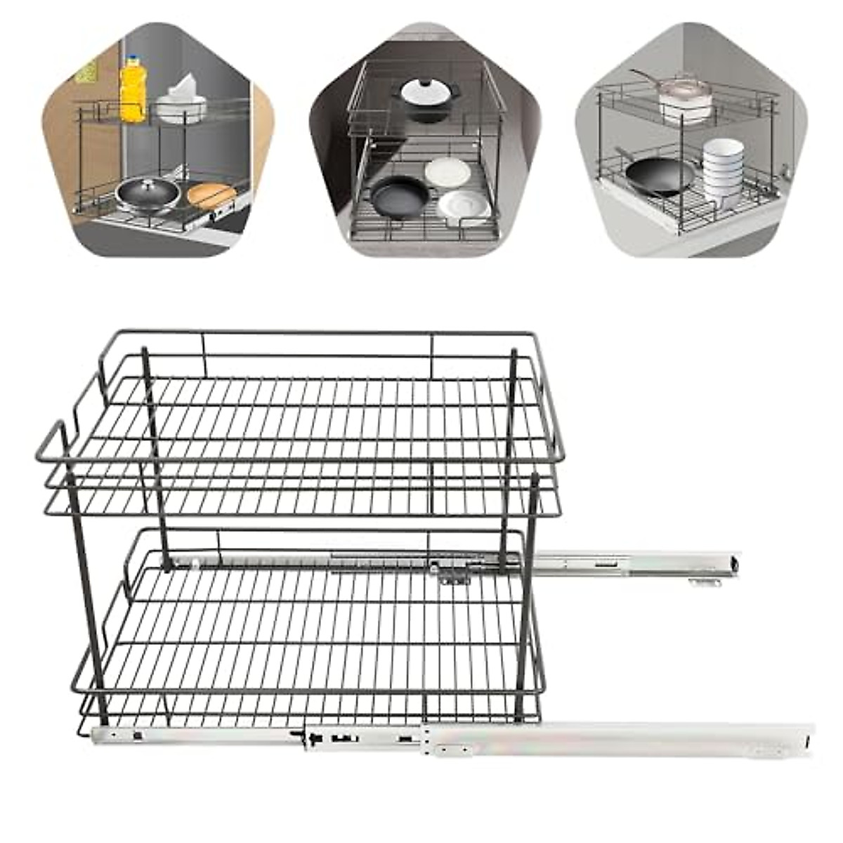 YETINGSHOP Version Pull Out Cabinet Organizer for Base Cabinet, Kitchen Cabinet Organizer and Storage 2-Tier Cabinet Pull Out Shelves Under Cabinet Storage for Kitchen (Gray, 16.5" W X 21.5" D)