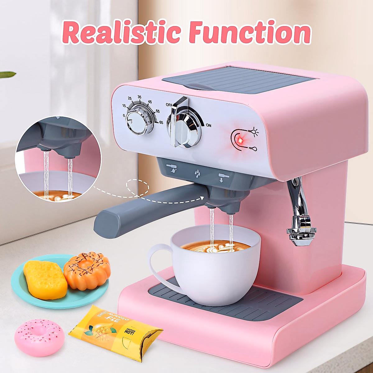 CUTE STONE Toy Coffee Set , Kids Coffee Maker Toy with Sound & Light, Realistic Steam, Play Kitchen Set with Play Food, Toddler Play Kitchen Accessories Gift for Girls and Boys