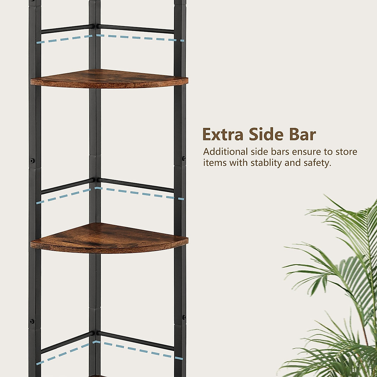 Tajsoon Narrow Corner Shelf Stand 5 Tier 66.5" Industrial Corner Ladder Shelves with Metal Frame, Multipurpose Tall Corner Bookshelf Bedroom, Living Room, Office, Kitchen, Rustic Brown