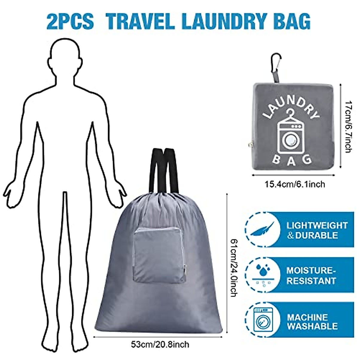 2 Pcs Travel Laundry Bag Dirty Clothes Bag Travel Bags Dirty Laundry Travel Bag Foldable Dirty Clothes Bag for Traveling Women Travel Accessories with Zipper Drawstring for Camp Gym (Gray, Black)