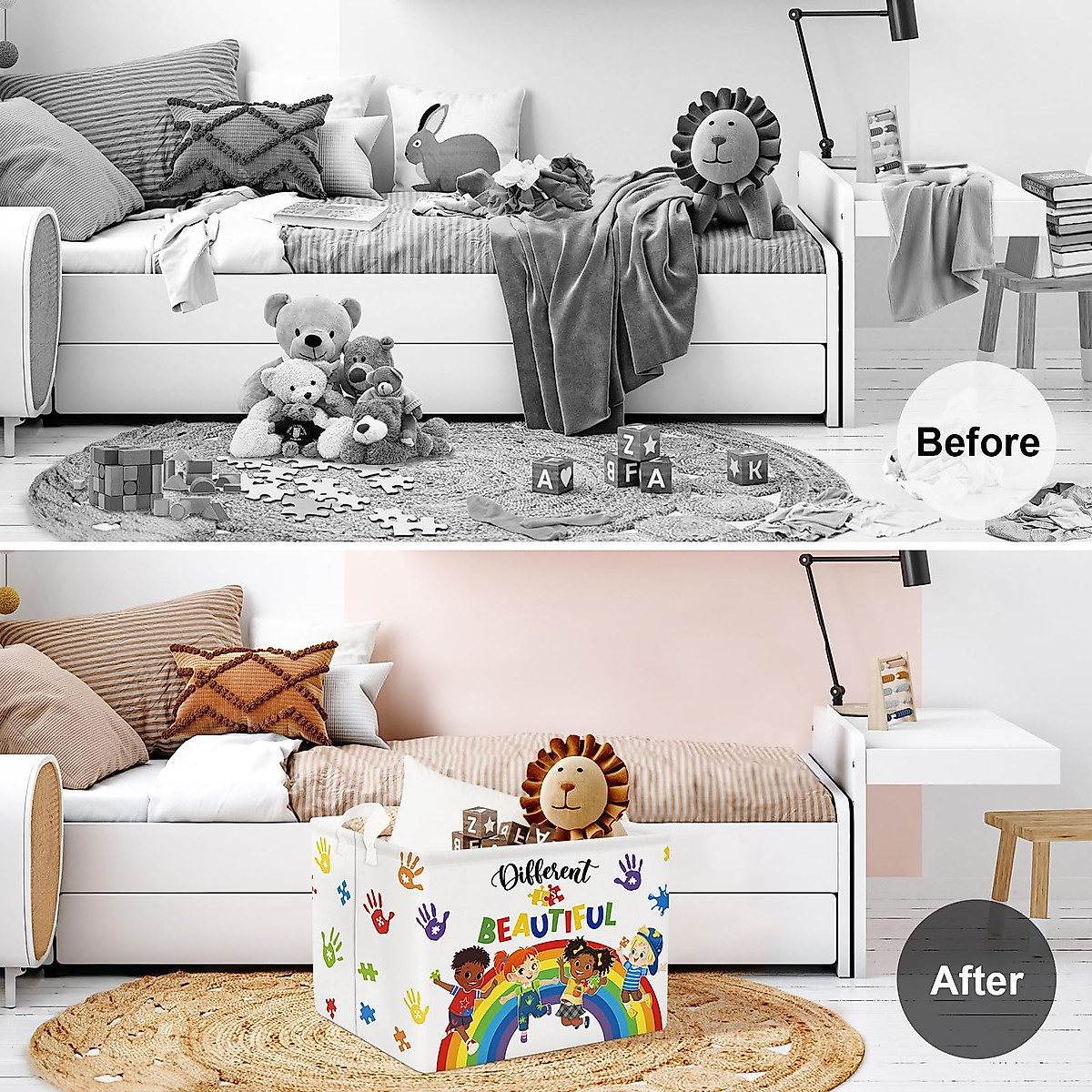 Clastyle Rainbow Baby Laundry Hamper Kid Storage Basket Boy Girl Gift Toy Box Graffiti Handprints Large Clothes Organizer Nursery Bin for Bedroom, (Colorful 36L)