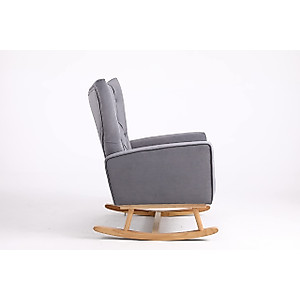 HHOK Rocking, Mid Century Modern Velvet Tufted Upholstered Rocker Armchair Padded Seat with Solid Wood Base, Accent Chair with High Backrest and Armrests for Living Room Bedroom Balcony, Grey