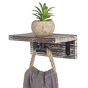 MyGift Industrial Pipe and Rustic Rope Bathroom Towel Ring Holder/Decorative Hand Towel Wall Mounted Rack with Torched Wood Shelf