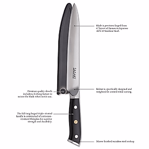 Sasaki Masuta Japanese AUS-10 Stainless Steel Slicing Knife with Locking Sheath, 8-Inch, Black