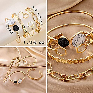 IFKM 6 PACK (24 PCS) Boho Gold Chain Bracelets Set for Women Girls, 14K Gold Plated Multiple Layered Stackable Open Cuff Wrap Bangle Adjustable Link Italian Cuban Jewelry for Women Girls Gift