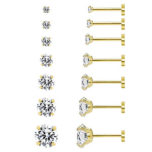 7 Pairs Flat Back Stud Earrings Set for Women, Hypoallergenic Surgical Steel Cubic Zirconia Earrings Studs for Lobe Cartilage Helix (2-8MM)