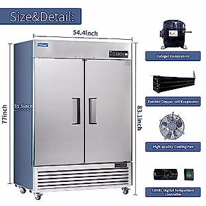 ICECASA 54"W Commercial Freezer Reach-in 49 Cu.ft 2 Solid Door Stainless Steel Commercial Freezer Fan Cooling for Restuarant, Bar, Shop, etc