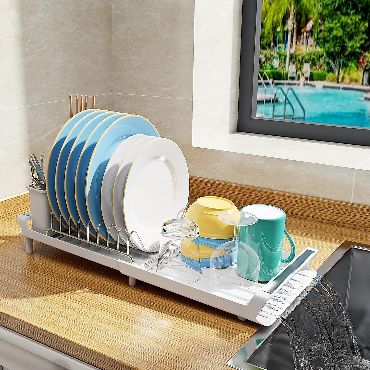 PETXPERT Dish Drying Rack, Expandable Dish Rack for Kitchen Counter with Utensil Holder, Stainless Steel Small Dish Drainer Organizer with Drainboard for Kitchen in Sink (Grey)