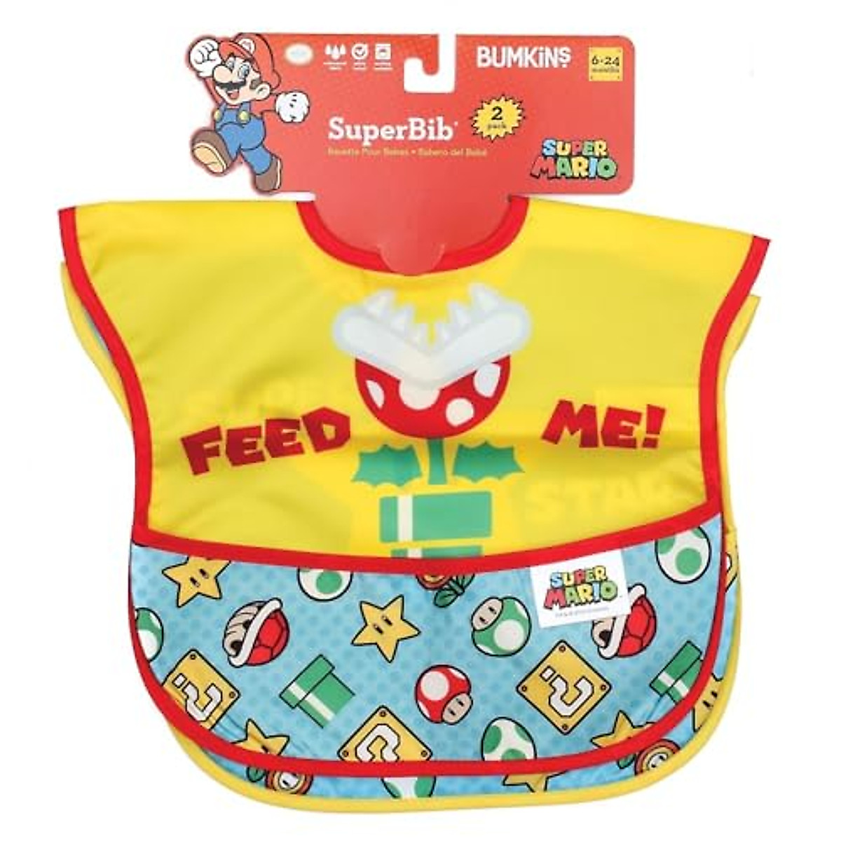 Bumkins Nintendo Bibs for Girl or Boy, SuperBib Baby and Toddler for 6-24 Months, Essential Must Have for Eating, Feeding, Baby Led Weaning, Waterproof Soft Fabric, 2-pk Super Mario Expressions