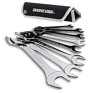 ironcube Super Thin Wrench Set, 8-Piece, SAE, 1/4 to 1-1/16, Double Open End, Slim Wrench Set With Rolling Pouch For Auto Repairs in Tight Spaces.