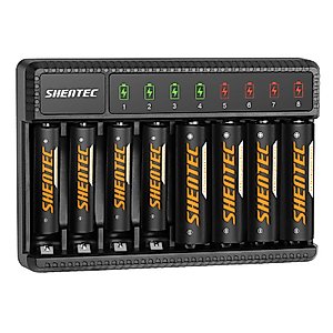 Shentec 4 Packs 2500mAh Rechargeable AA Batteries and 4 Packs 1000mAh Rechargeable AAA Batteries with Smart 8 BayAAA AA Battery Charger (USB Fast Charging, Independent Slot)