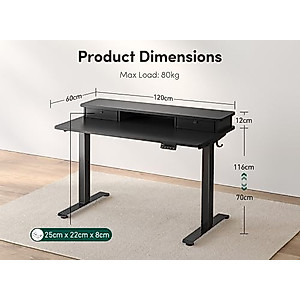FEZIBO 48 x 24 Inch Height Adjustable Electric Standing Desk with Double Drawer, Stand Up Desk with Storage Shelf, Sit Stand Desk, Light Rustic/Black Frame
