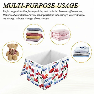Flradish Poppy Flowers Collapsible Storage Box with Lid Closet Organizer with Handle Washable Stackable