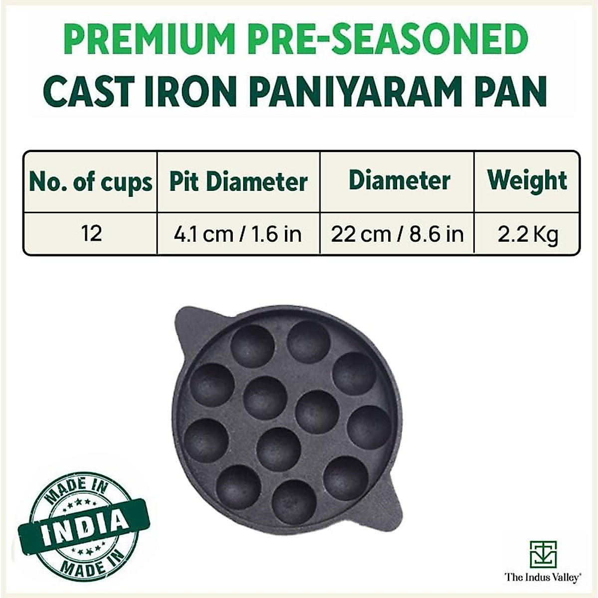 The Indus Valley Pre-Seasoned Cast Iron Paniyaram Pan (12 Pits - Twin Handle),Black