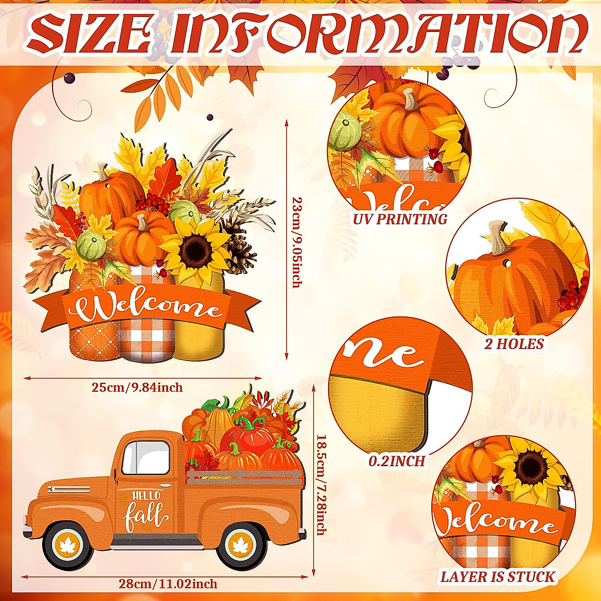 Thyle 2 Pcs Welcome Fall Thanksgiving Front Door Decor Hello Fall Truck Door Signs Pumpkin Maple Leaf Sunflower Door Hanging Fall Wall Decoration