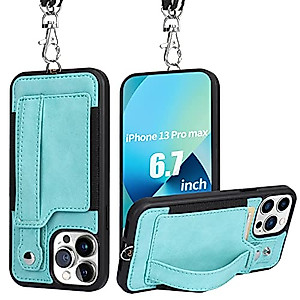 TOOVREN iPhone 13 Pro Max Case Wallet, Compatible with iPhone 13 Pro Max Case with Card Holder Kickstand Adjustable Detachable Necklace, iPhone Lanyard for iPhone 13 Pro Max 6.7 inch 2021 Green