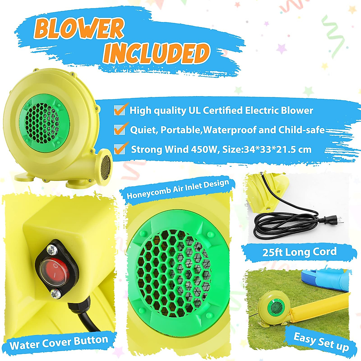 WHUBEFY Inflatable Water Slide,7 in 1 Kids Water Slides with Blower,Water Bounce House Water Park for Kids Backyard,Waterslide Splash Pool,Water Gun,Climbing Wall,Bounce Water Slide for Wet and Dry