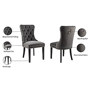 BEEY Velvet Upholstered Dining Chair Set of 4 Dark Grey Modern Tufted Accent Chairs with Nailhead Trim and Back Ring Pull,High Chair with Solid Wood Legs for Living Room Baronet Restaurant