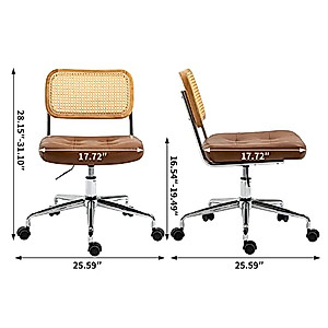 Newnno Office Chair Armless Leather Desk Chair with Wheels, Modern Rattan Ergonomic Computer Home Office Chair for Study, Adjustable Swivel Rolling Chair for Home Office, Brown