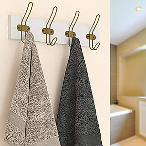 Tibres - Brushed Gold Wall Hooks for Hanging Coat Clothes and Towel - Brushed Gold Coat Hook Rack Door or Wall Mount - White Hanger with 4 Metal Matte Gold Hooks for Bathroom - Solid Wood