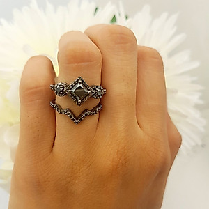 Dazzlingrock Collection 2.10 ctw Princess & Round Black Diamond Chevron Ring Set for Women in Black Plated Sterling Silver, Size 9.5