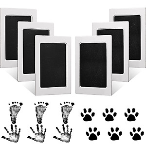Outus Baby Inkless Handprint and Footprint Kit 6 Safe Hand and Foot Ink Pad Clean Touch Paw Print Stamp and 12 Card for Newborn Registry Family Keepsake Baby Shower Present, Black Color
