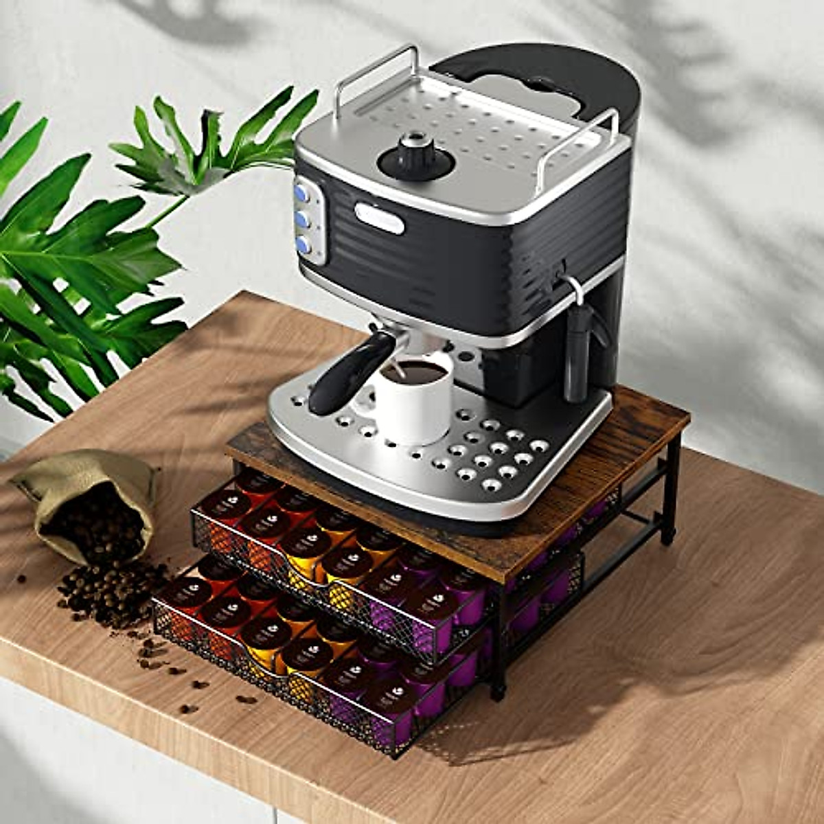 Coffee Pod Drawer K Cup Organizer 2-Tier Coffee Pod Storage Holder with Drawer Baskets 72 Capacity Coffee Capsule Storage Organizer Drawer, Industrial Brown and Black