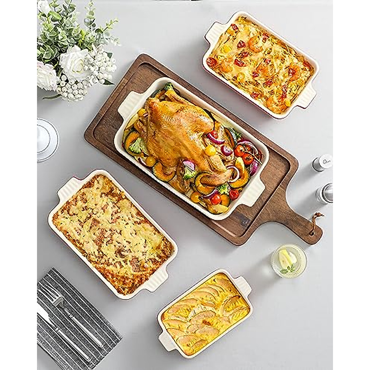 MALACASA Casserole Dishes for Oven, Porcelain Baking Dishes, Ceramic Bakeware Sets of 4, Rectangular Lasagna Pans Deep with Handles for Baking Cake Kitchen, Red (9.4"/11.1"/12.2"/14.7"), Series BAKE.BAKE