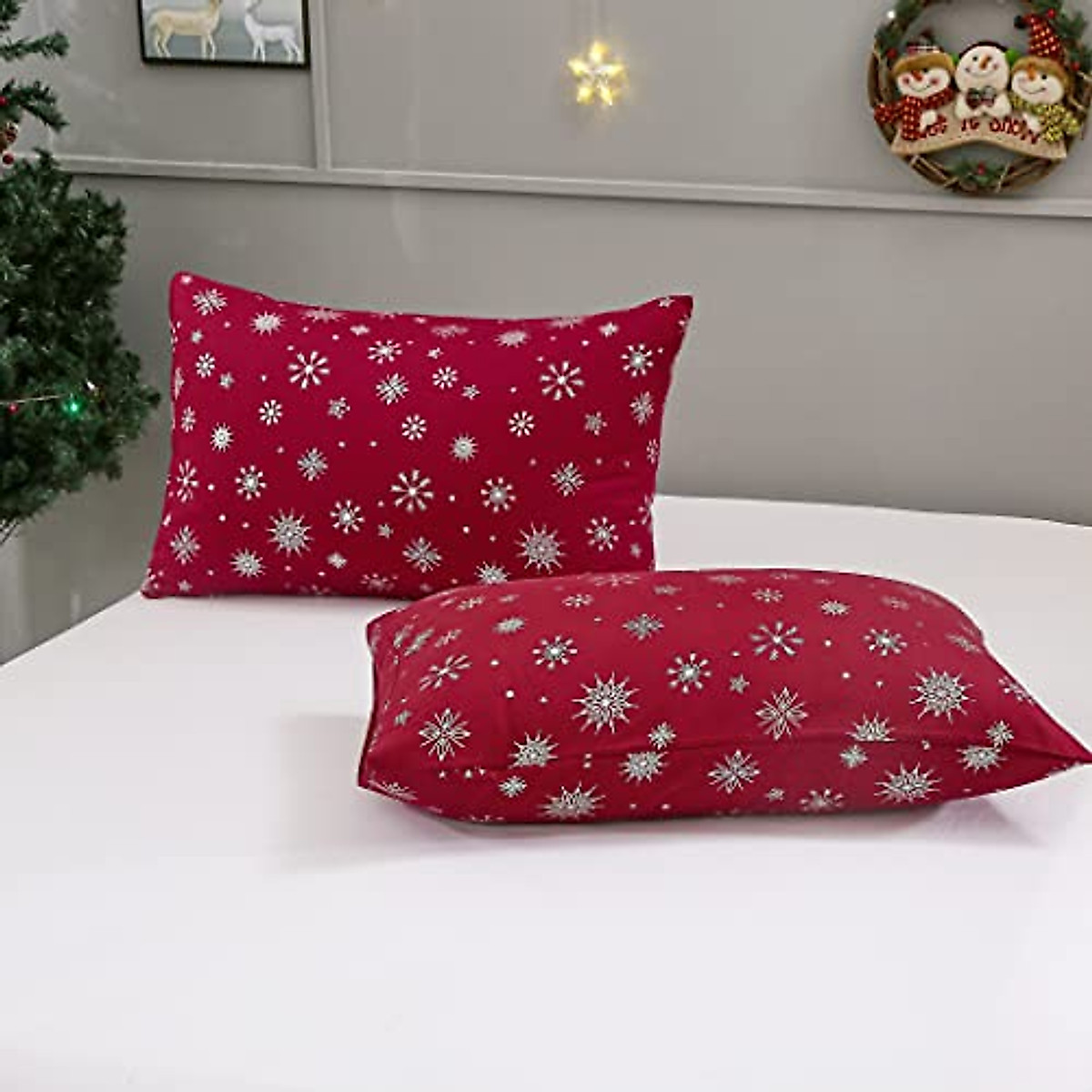 LAMEJOR Christmas Red Duvet Cover Set Queen Size Silver Metallic Print, Foil Print Glitter Snowfalke Pattern, 3-Piece Soft Bedding Set 1 Duvet Cover+2 Pillow Cases
