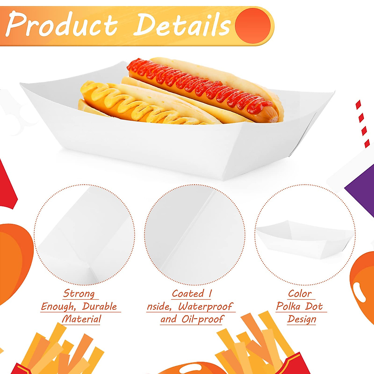 Handepo 300 Pieces Food Trays Bulk Disposable Paper Food Boats Hot Dog Serving Trays White Nacho Trays for Popcorn Taco Snack Fast Food Carnivals Festivals Party Favors Supplies Decorations（2LB）