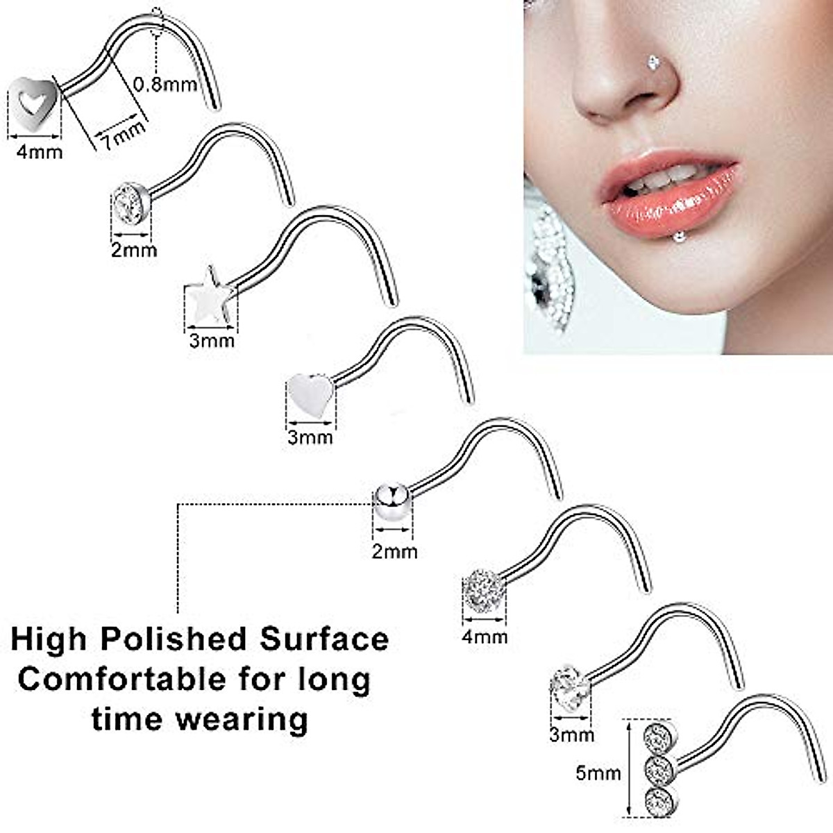 ONESING 40 PCS 20G Nose Piercings Jewelry Nose Rings Hoops Studs Screw 316L L Shaped Stainless Steel for Women Men