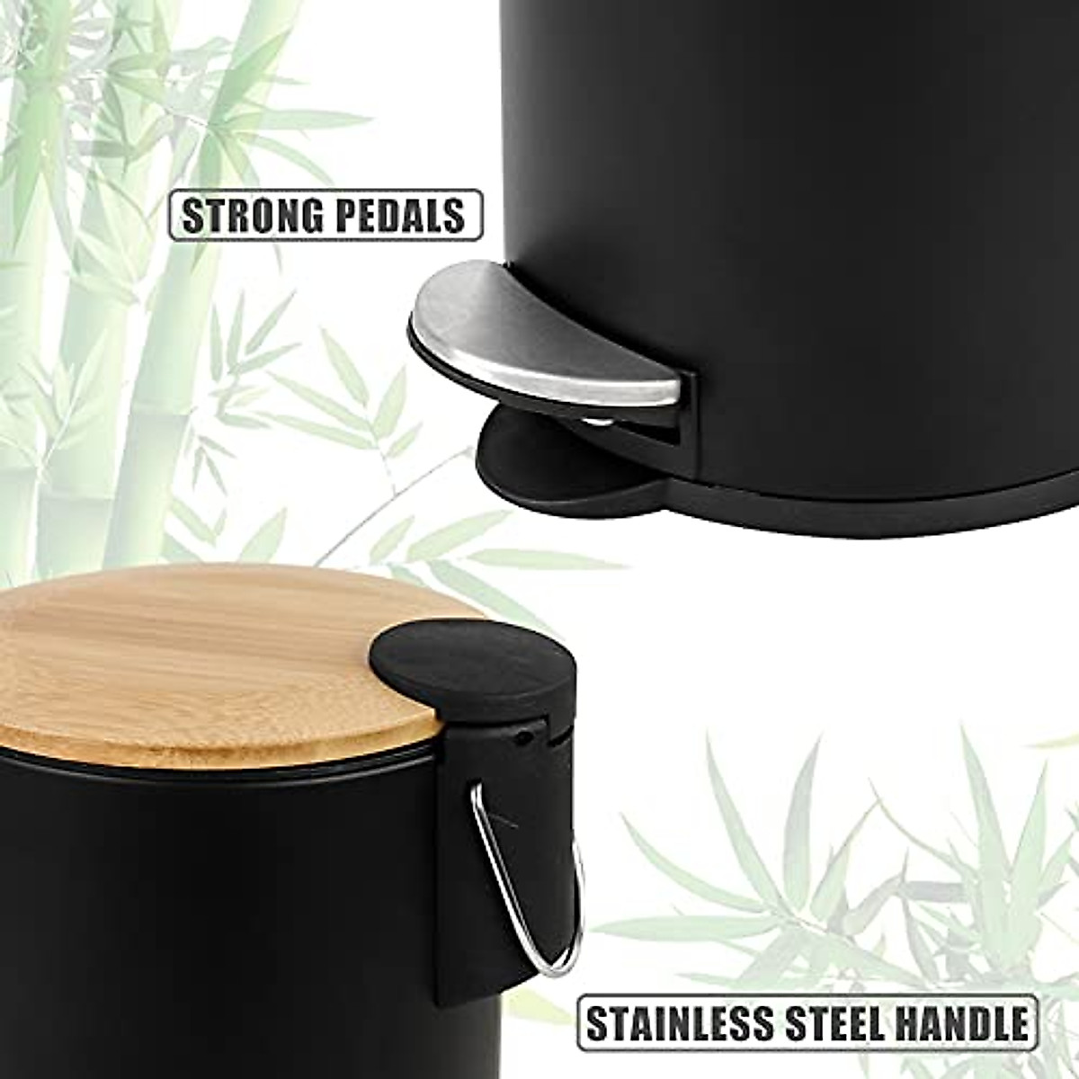Mini Trash Can with Bamboo Lid Soft Close and Foot Pedal, 0.8Gal / 3L Tiny Round Trash Can with Removable Plastic Inner Wastebasket for Bathroom, Bedroom, Powder Room, Office, Desk, Car, Black