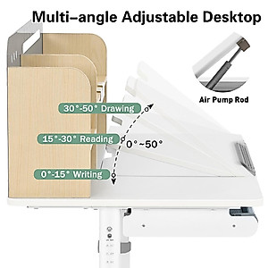 COSVALVE 39in Wide Adjustable Height Kids Desk with Tilting Desktop, Steel Frame, Drawer, and Bookshelf Hutch, Study Child Table for Ages 3-12, Grey