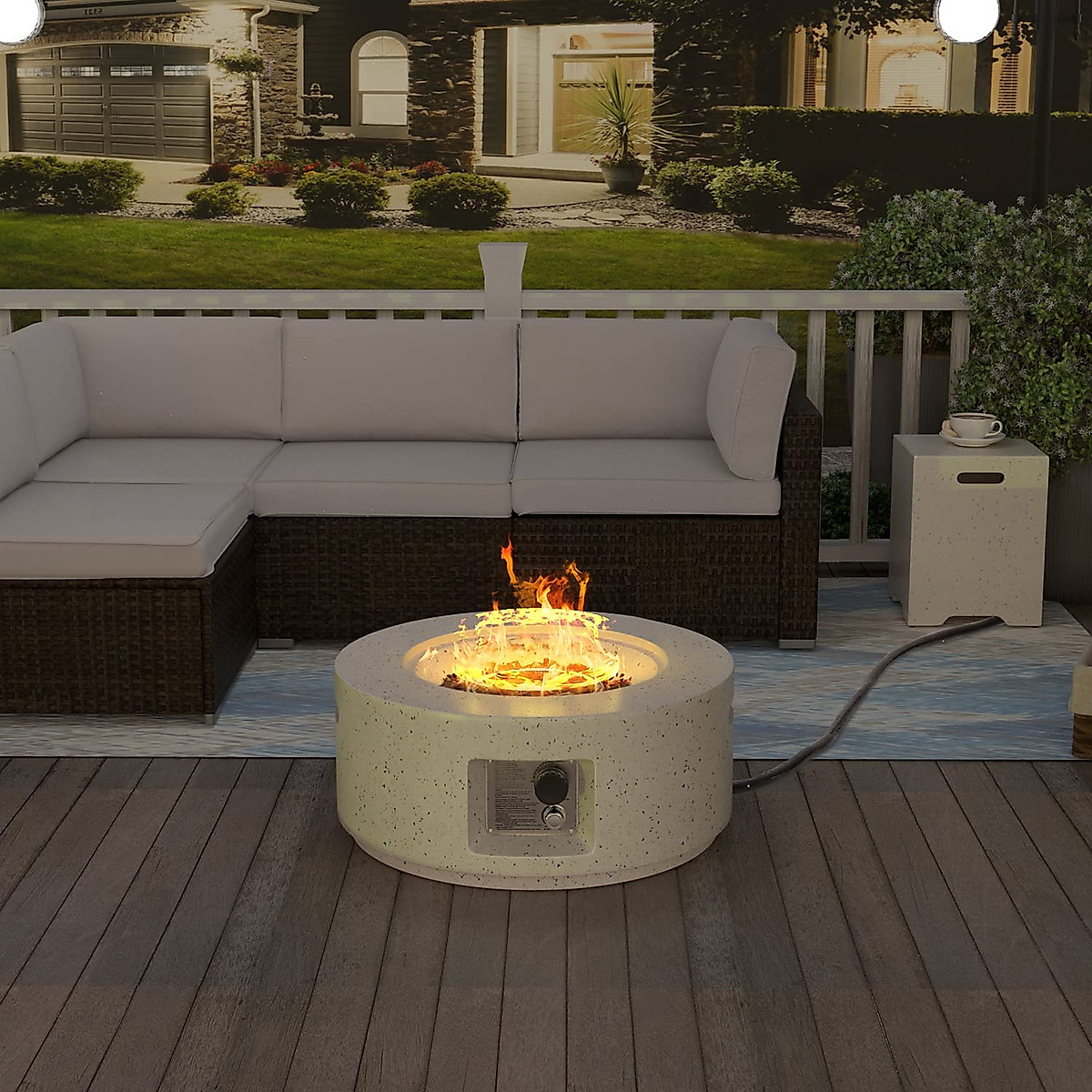 HOMPUS Outdoor Propane Fire Pit 40,000 BTU 28-inch Round Concrete Natural Gas Fire Table Outside Smokeless Firepit Furniture with Tank Cover,Lava Rocks and Rain Cover for Garden,Deck,Backyard