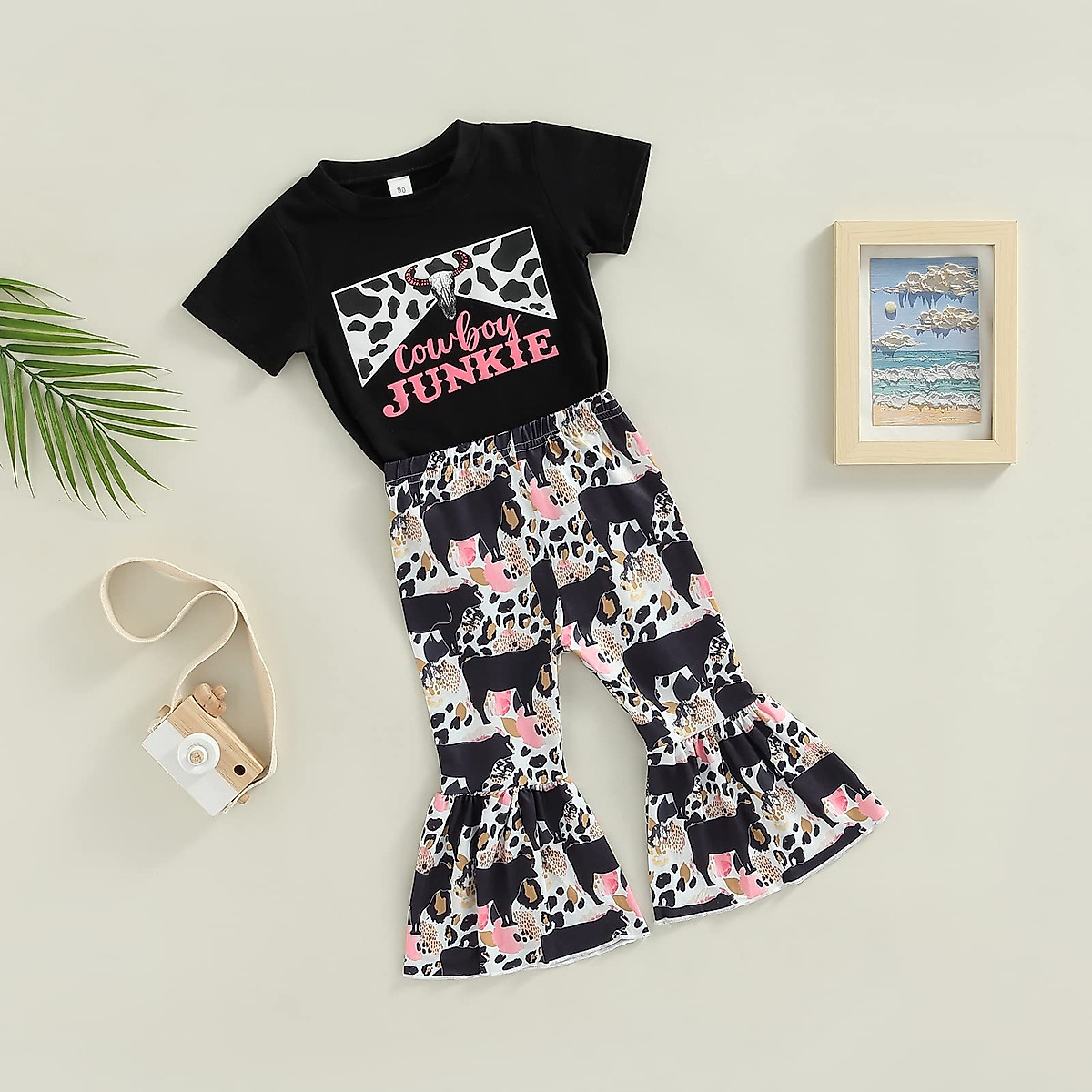 Toddler Western Baby Girl Clothes Bell Bottom Outfit Short Sleeve Letter Tops Cow Print Flare Pant Sets Cowgirl Outfits (D-Black, 4-5 Years)