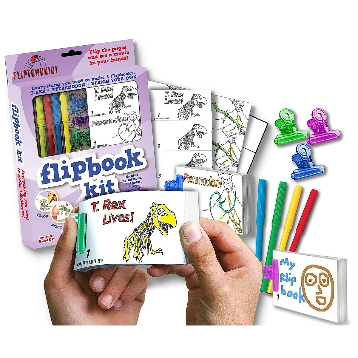 Fliptomania Bundle of 3 Flipbook Kits for Kids - Rocket & Robot, Frog and Butterfly, Dinosaurs - Save 15%