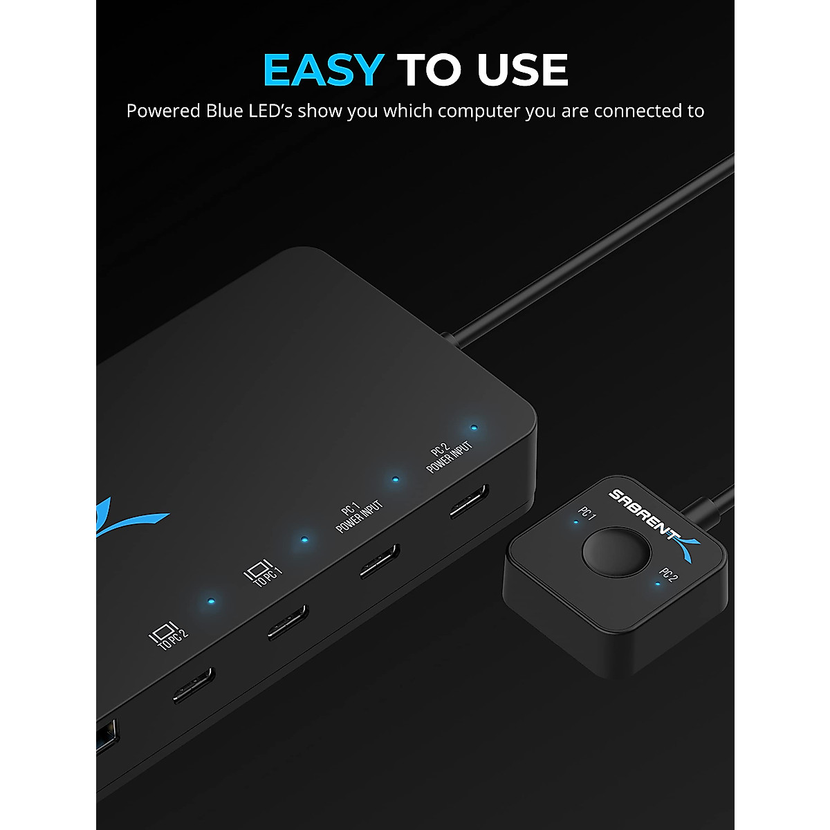 SABRENT KVM Switch, USB-C, 1 PC to 2-Displays with 60 Watt Power Delivery (USB-CKDH)