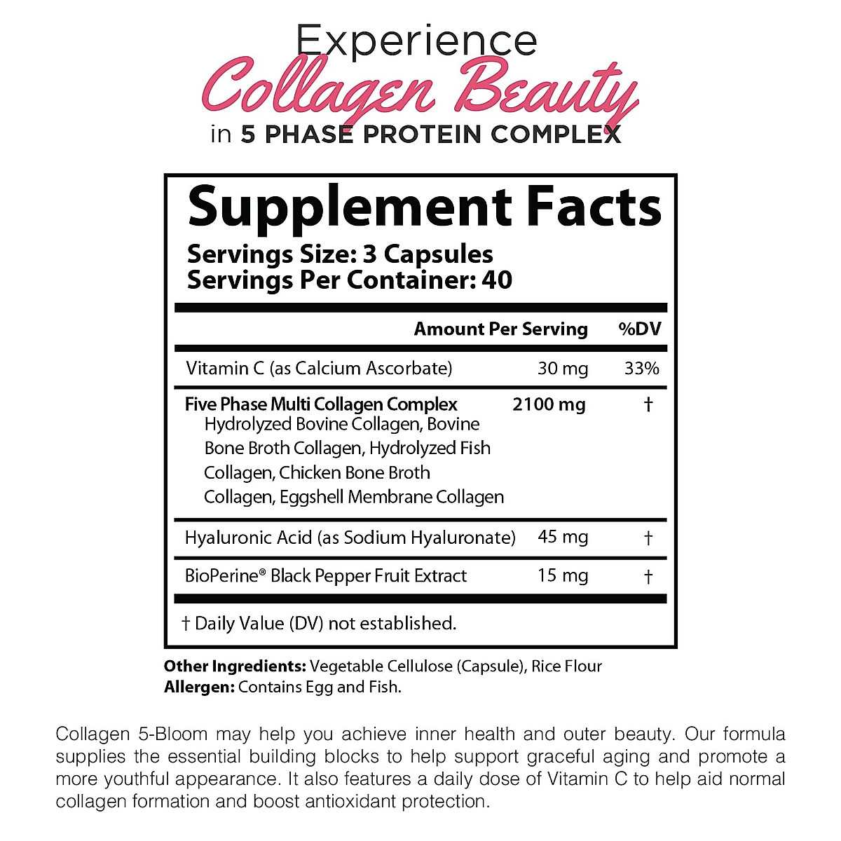 Premium Collagen Pills for Women - 120 Capsules, 2100 mg Colageno Hidrolizado, Grass Fed Collagen Supplements (Type I, II, III, V, X) + Hyaluronic Acid, Vitamin C, Bioperine, Anti-Aging, Skin, Hair