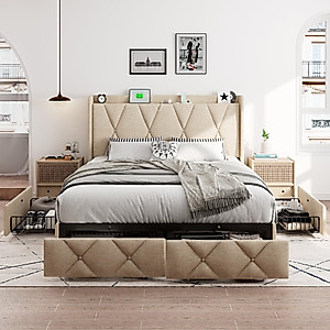 iPormis Queen Bed Frame with 4 Storage Drawers, Upholstered Platform Bed Frame with Charging Station, Modern Wingback Storage Headboard, Easy Assembly, Beige
