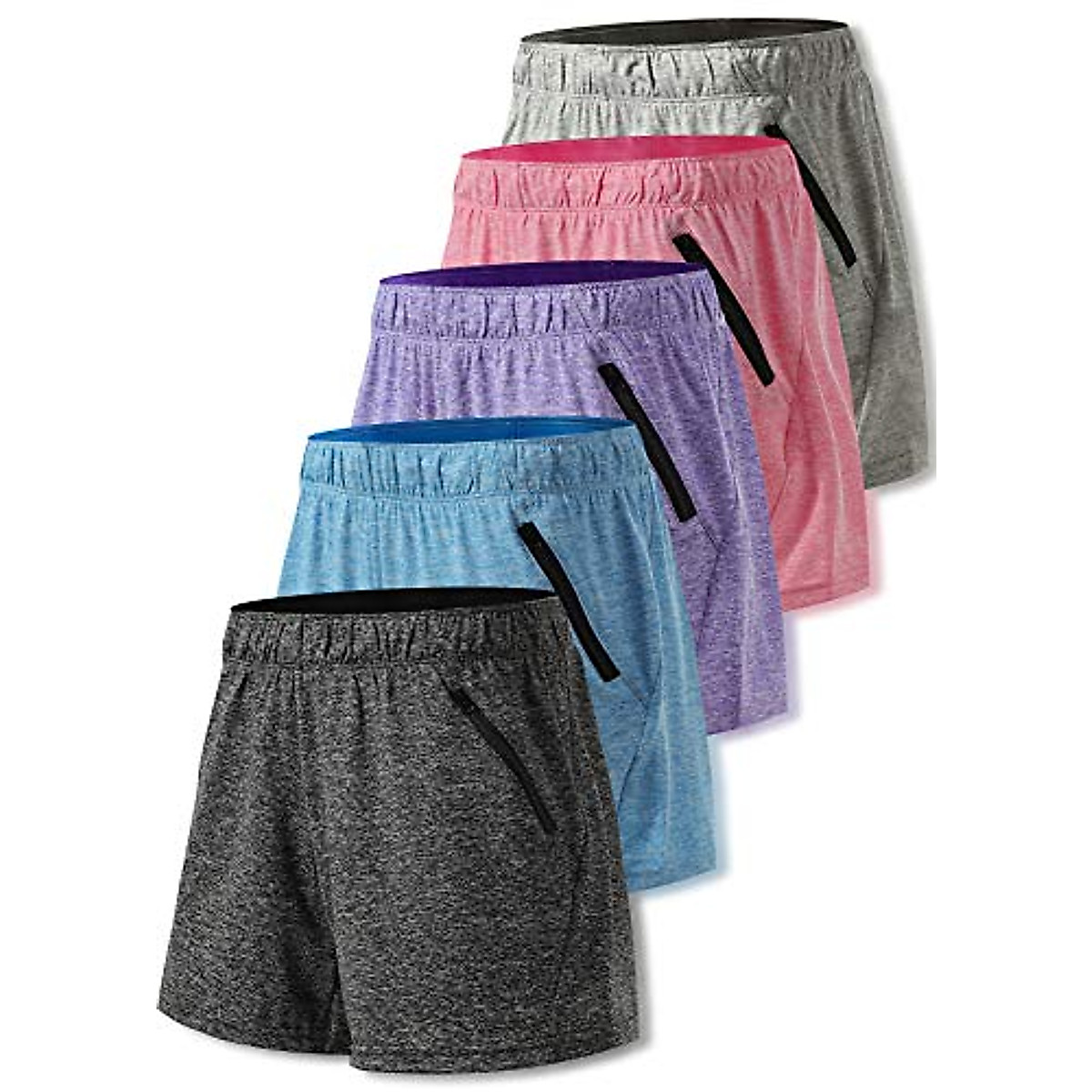 5 Pack: Womens Workout Gym Shorts Casual Lounge Set, Ladies Active Athletic Apparel with Zipper Pockets (Set 1, Large)