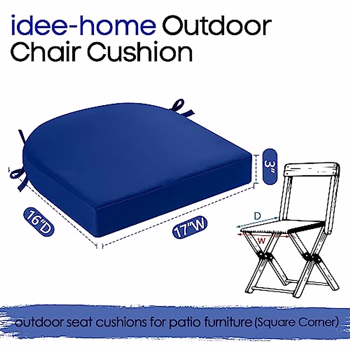 idee-home Outdoor Chair Cushions Set, Thick 3" Outdoor Seat Cushions Patio Furniture Waterproof with Ties, Dining Pads